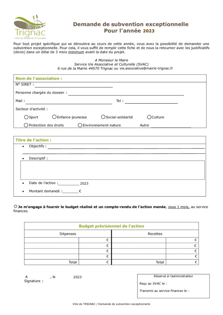 Demande de subvention exceptionnelle 2023 Demande de subvention exceptionnelle 2023